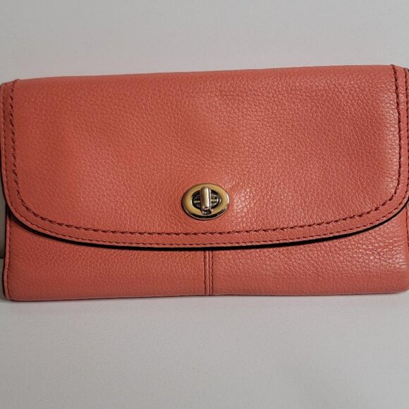 Coach | Accessories | Coach Park Coral Turn Lock Pebble Leather Trifold ...